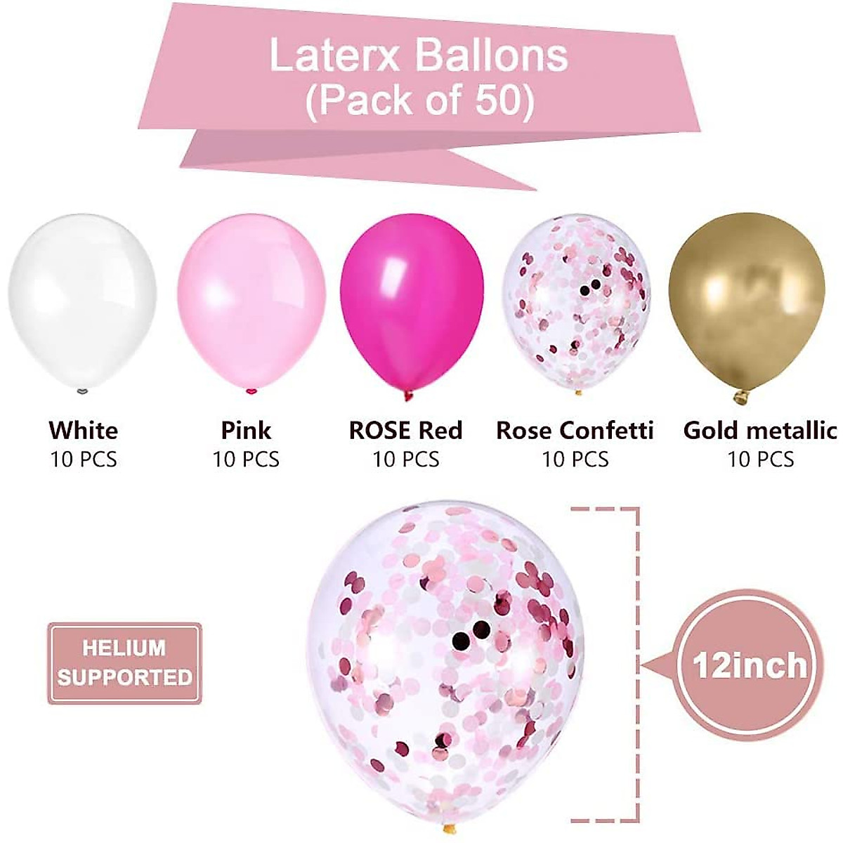 Pink Gold Confetti Latex Balloons, 50pcs 12 inch Pink and Gold Metallic White Balloons for Birthday Wedding Baby Shower Party Decorations