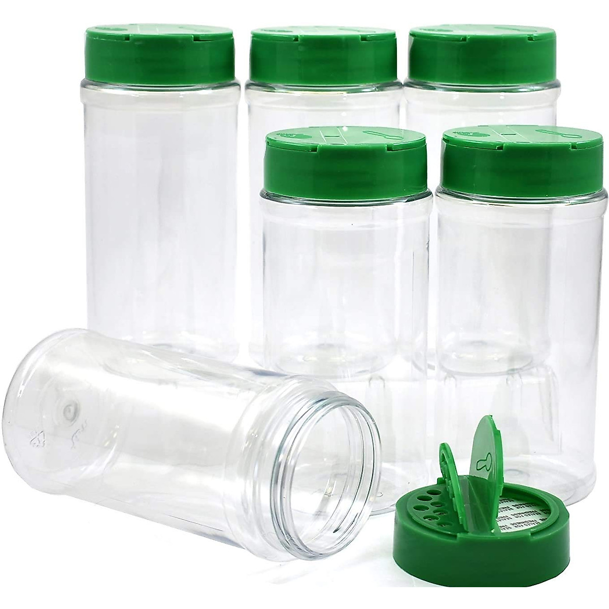 SalusWare 6 Pack 16 Ounce Round Green Cap Plastic Spice Jars Bottles Containers Perfect Storing Spice, Herbs Powders Lined Cap Safe Plastic Made in the USA