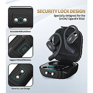 [Newest Secure Lock] Alquar for SHOKZ OpenFit T910 Case Cover, Silicone Protective Scratch Shock Resistant Cover ONLY Compatible with SHOKZ OpenFit T910 Earbuds Charging Case with Carabiner(Black)