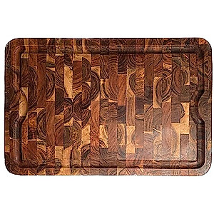 Mountain Woods Brown Organic End-Grain Acacia HardWooden Cutting Board for Kitchen w/Juice Groove | Chopping Board | Butcher Block - 24" x 16" x 1"