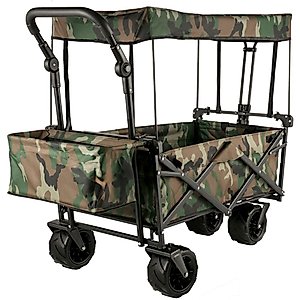 Collapsible Folding Wagon with Removable Canopy - Heavy Duty Utility Cart for Garden, Camping, and Beach with Wheels and Rear Storage - Camouflage