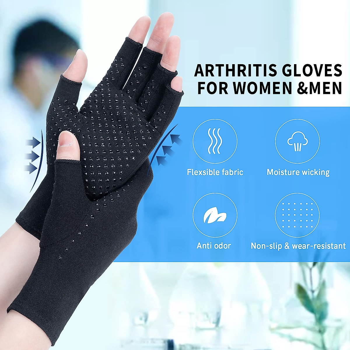 2 Pairs Arthritis Compression Gloves, for Arthritis, Rheumatoid, Osteoarthritis, Carpal Tunnel Pain, Compression Gloves for Arthritis for Women & Men, Anti-Slip Glue dot Gloves for Work (Black,XL)