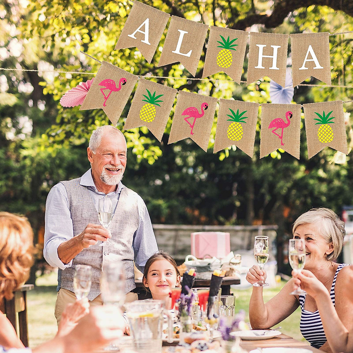 Whaline Hawaiian Aloha Burlap Banner Pineapple Flamingo Pattern Summer Garland Flag Pre-Assembled Tropical Theme Banner for Summer Beach Pool Barbecue Party Decoration Supplies, 2Pcs