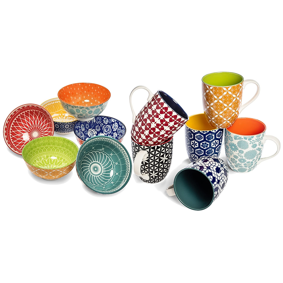 Annovero Mugs, Dessert Bowls. Cute and Colorful Porcelain Dishes for Kitchen, Microwave and Oven Safe. Bundle