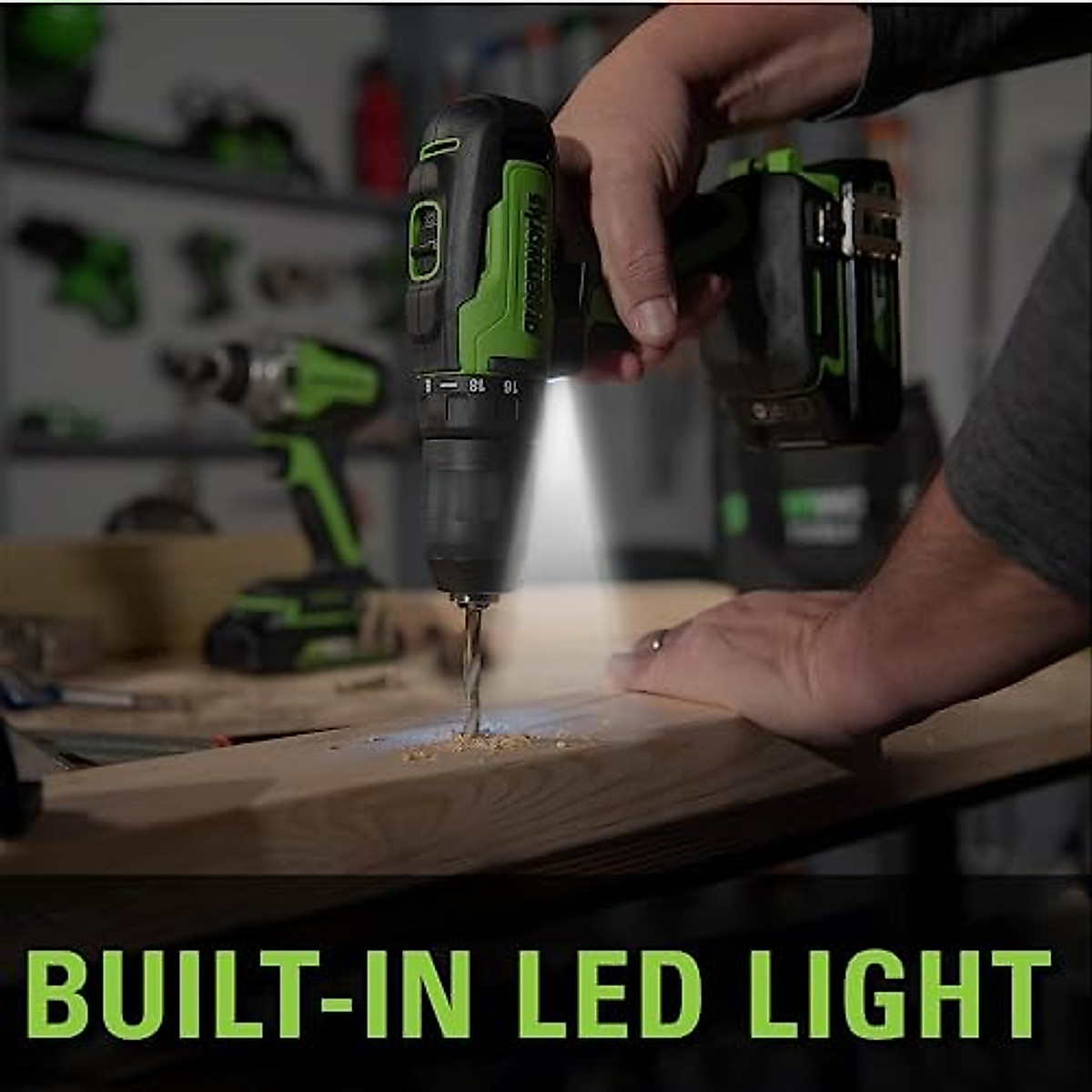 Greenworks 24V Brushless Cordless Drill Kit, 310 in./lbs, 18+1 Position Clutch, 1/2 '' Keyless Chuck, Variable Speed, (2)2Ah Batteries with 2A Charger, LED Light, 8pcs Drill Bits with Tool Bag