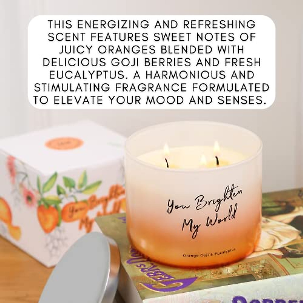 Orange Goji Eucalyptus Scented Candle 3 Wick | Aromatherapy Stress Relief Eucalyptus Energy Candle | Highly Scented Soy Candles Clean Burn 15.8 oz | You Brighten My World Candle Gifts for Men & Women