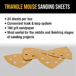 Dura-Gold Premium Triangle Mouse Sanding Sheets - 180 Grit (Box of 24) - 6 Hole Pattern Hook & Loop Triangular Shaped Mouse Sander Discs - Aluminum Oxide Abrasive Sandpaper - Woodworking, Crafting
