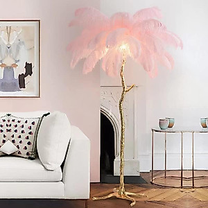 CEPHOK 66.8 inches Natural Ostrich Feather Floor Lamp, Warm and Romantic Apright Floor Lamp, Living Room, Study, Bedroom, Office, Home Decoration Floor Lamp (Pink)