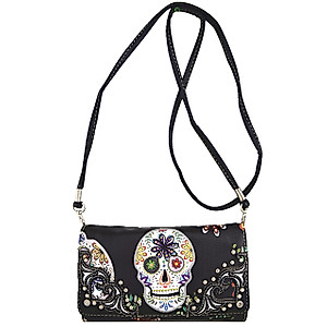 Western Style Sugar Skull Studded Country Purse Single Shoulder Bag Clutch Women Blocking Wristlet Wallet (Fuchsia)