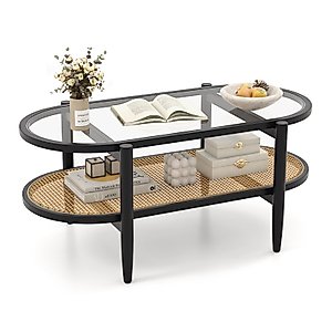 Moccha Boho Coffee Table, 2-Tier Center Table with Tempered Glass Tabletop & PE Rattan Storage Shelf, Mid Century Modern Tea Table, 40" L Oval Accent Table for Living Room, Office (Black)