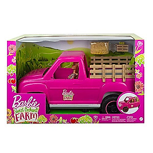 Barbie Sweet Orchard Farm Truck & Doll Set, Blonde Doll & Pink Truck with Working Tailgate, Hay Bale, Crate & Corn, Gift for 3 to 7 Year Olds