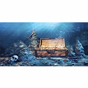 AWERT 24x16 inches Underwater Aquarium Background Opened Treasure Chest with Bright Gold Treasure Box Adventure Water Wealth Pirate Fish Tank Background Vinyl Background