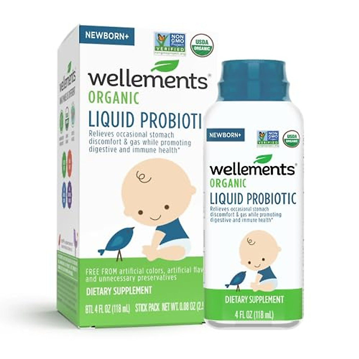 Wellements Certified USDA Organic Liquid Probiotic 4 Fl Oz, Gripe Water & Probiotics for Infant Digestion & Immune Health, Relief for Gas, Colic & Hiccups, Free from Dyes, Parabens, Preservatives