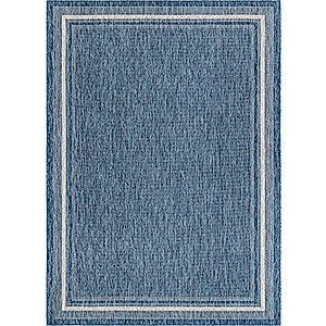 Unique Loom Outdoor Border Collection Transitional Indoor & Outdoor Casual Solid Tonal Border Area Rug (10' 0 x 14' 0 Rectangular, Blue/ Beige)