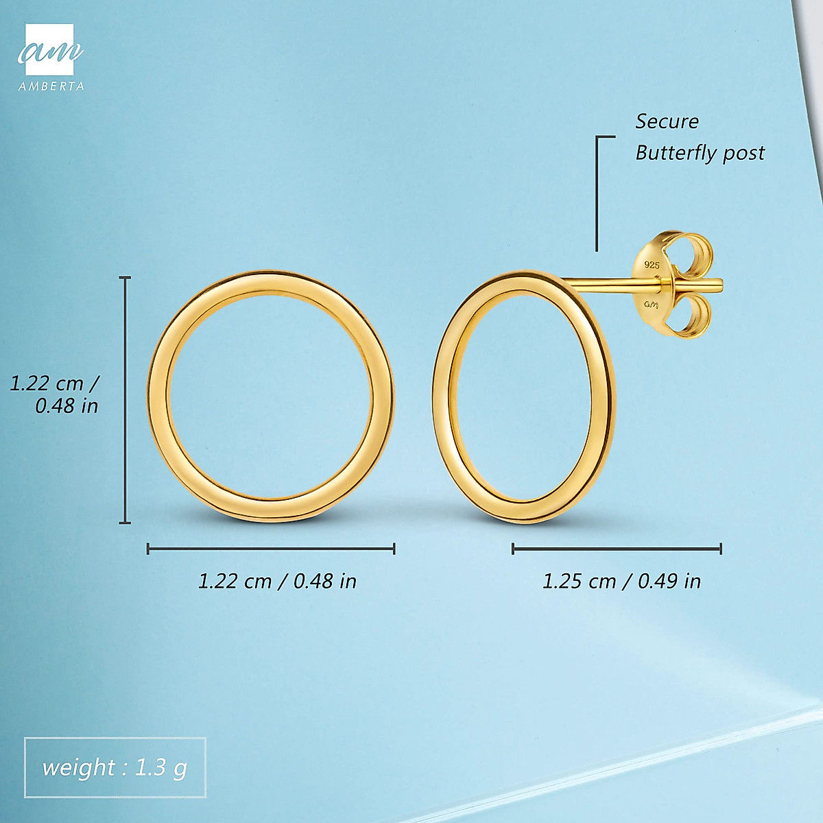 Amberta Women 925 Sterling Silver Minimalist Stud Earrings: Gold Plated Big Circumference Studs