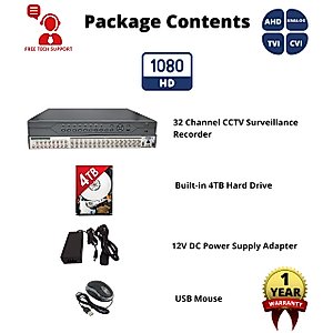 Evertech 32 Channel 32CH H.265 Hybrid DVR Recorder 4-in1 for HD TVI AHD CVI and Analog 1080P Home Business Security Surveillance Camera Systems + 4TB Hard Drive Memory for 24/7 Recording Remote Access