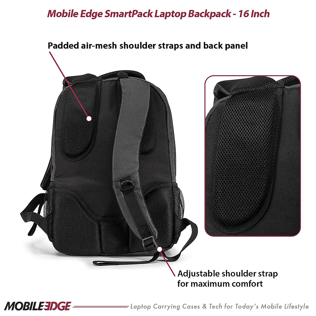 Mobile Edge Charcoal SmartPack 16 Inch Laptop Backpack with Separate Padded Tablet Pocket, Lightweight Design for Men, Women, Students MEBPSP5