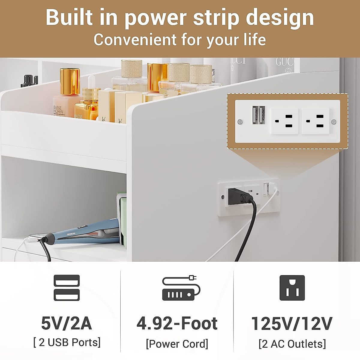 AOGLLATI Makeup Vanity with Lights in 3 Colors, Vanity Desk with Mirror and Lights, White Vanity Table with Charging Station, Makeup Desk with Unique Separation Design