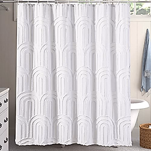 Estmy Boho White Tufted Shower Curtain Sets with Hooks, Simple Modern Chic Cute Rainbow Shape Chenille Stripe Cotton Fabric Shower Curtain Bathroom Decor, Heavy Duty/Water Repellent/Washable