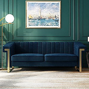 JULYFOX Blue Velvet Couch Channel Tufted, 84 inch Wide Mid Century Modern Living Room Sofa Extra Wide Armrest 700 lb Heavy Duty Updated Chesterfield Design