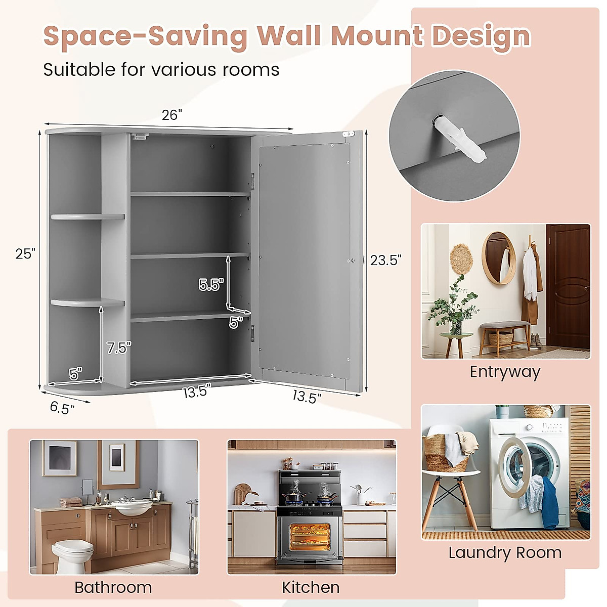 LOKO Bathroom Medicine Cabinet with Mirror, Wall Mounted Storage Cabinet with Mirrored Door, Open Shelves & Adjustable Shelves, Bathroom Wall Mirror Cabinet, 26 x 6.5 x 25 Inches (Grey)