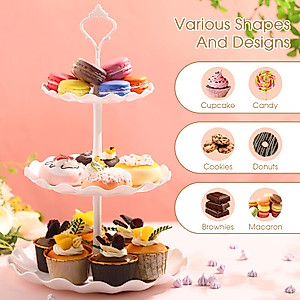 Dandat 24 Pcs White Cake Stand Plastic Dessert Table Stand Set, 8 Pcs 3 Tire Cake Display Tower Cupcake Cookie Tray and Display Stands, 16 Pcs Plastic Dessert Trays for Wedding Baby Shower Tea Party