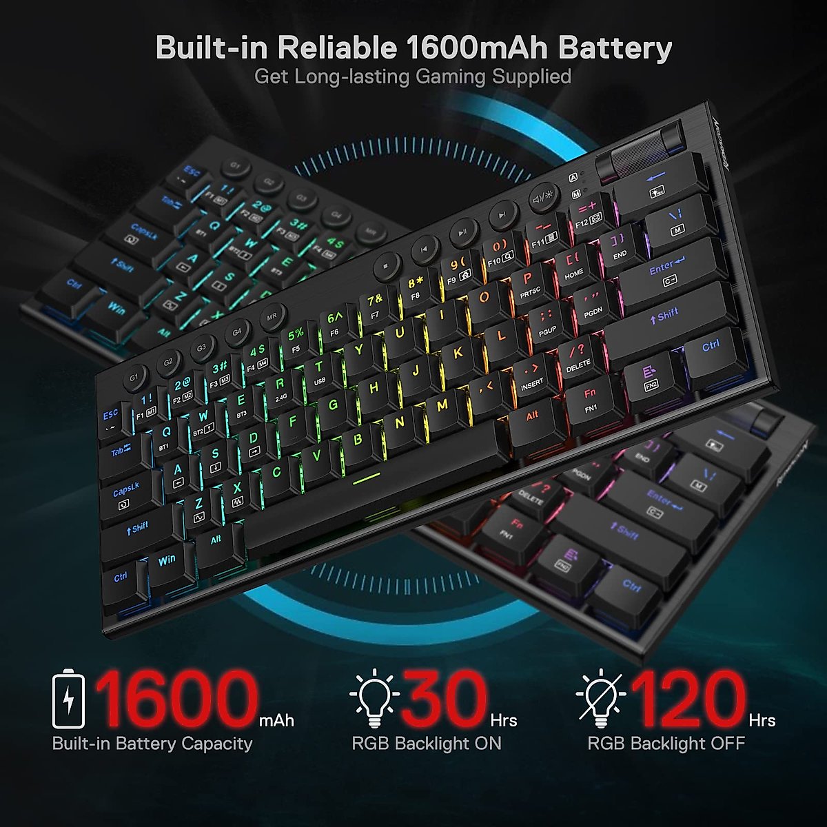 Redragon K632 PRO 60% Wireless RGB Mechanical Keyboard, BT/2.4Ghz/Wired Tri-Mode Ultra-Thin Low Profile Gaming Keyboard w/No-Lag Connection, Dedicated Media Control & Linear Red Switch