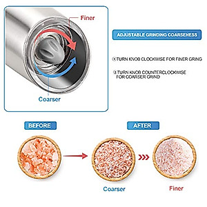 Pepper Grinder, Gravity Electric Pepper Mill, Battery Operated Automatic Salt Mill with Blue LED Light, One Handed Operation, Adjustable Coarseness, Silver（Including Stainless Steel Spoon）