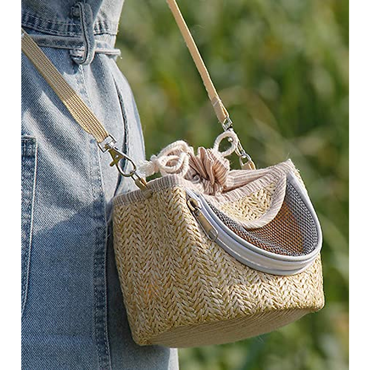 Small Pet Carrier Bag Hamster Carrier Bag with Long Detachable Shoulder Strap, Light Coffee Color Straw Mesh Breathable Portable Outgoing Bag for Hamster Hedgehog Sugar Glider Squirrel Gerbil