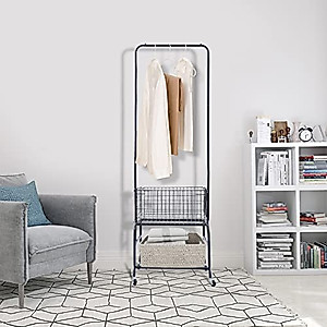 Fetcoi Metal Rolling Laundry Cart Garment Rack, Laundry Hamper Basket Cart with Metal Wire Storage Rack and Hanging Rack on Wheels, Black