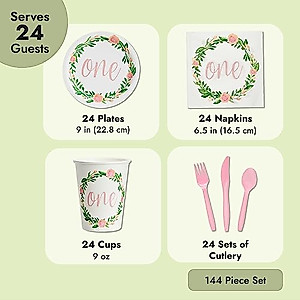 Juvale Baby Girl 1st Birthday Decorations, Floral One Year Old Party Plates, Napkins, Cups, Pink Cutlery (144 Pieces, Serves 24)