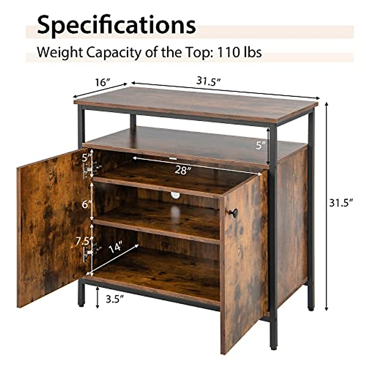 Giantex Buffet Cabinet with Storage, 2-Door Kitchen Sideboard with Shelves, Cable Holes, Industrial Coffee Bar Cabinet, Console Table for Entryway, Living Room, Rustic Brown