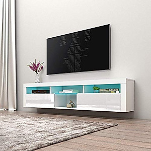 MEBLE FURNITURE & RUGS Bari 200 Wall Mounted Floating 79" TV Stand with 16 Color LEDs White