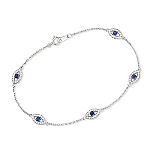 Ross-Simons 0.30 ct. t.w. CZ and .20 ct. t.w. Simulated Sapphire Evil Eye Station Bracelet in Sterling Silver. 7 inches