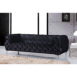 Meridian Furniture Mercer Collection Modern | Contemporary Low Back, Velvet Upholstered Sofa with Deep Button Tufting, and Custom Chrome Legs, Black, 91" W x 35" D x 28.5" H