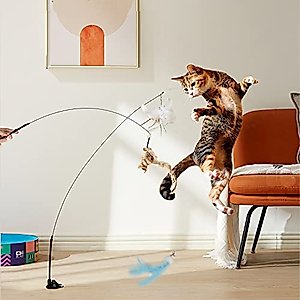 Cat Toy Wand Auto Interactive Toys for Indoor Cat 6 in 1 Hands-Free Natural Bird Feather Ball Toys, Suction Cup Pet Dancing Playing Toy