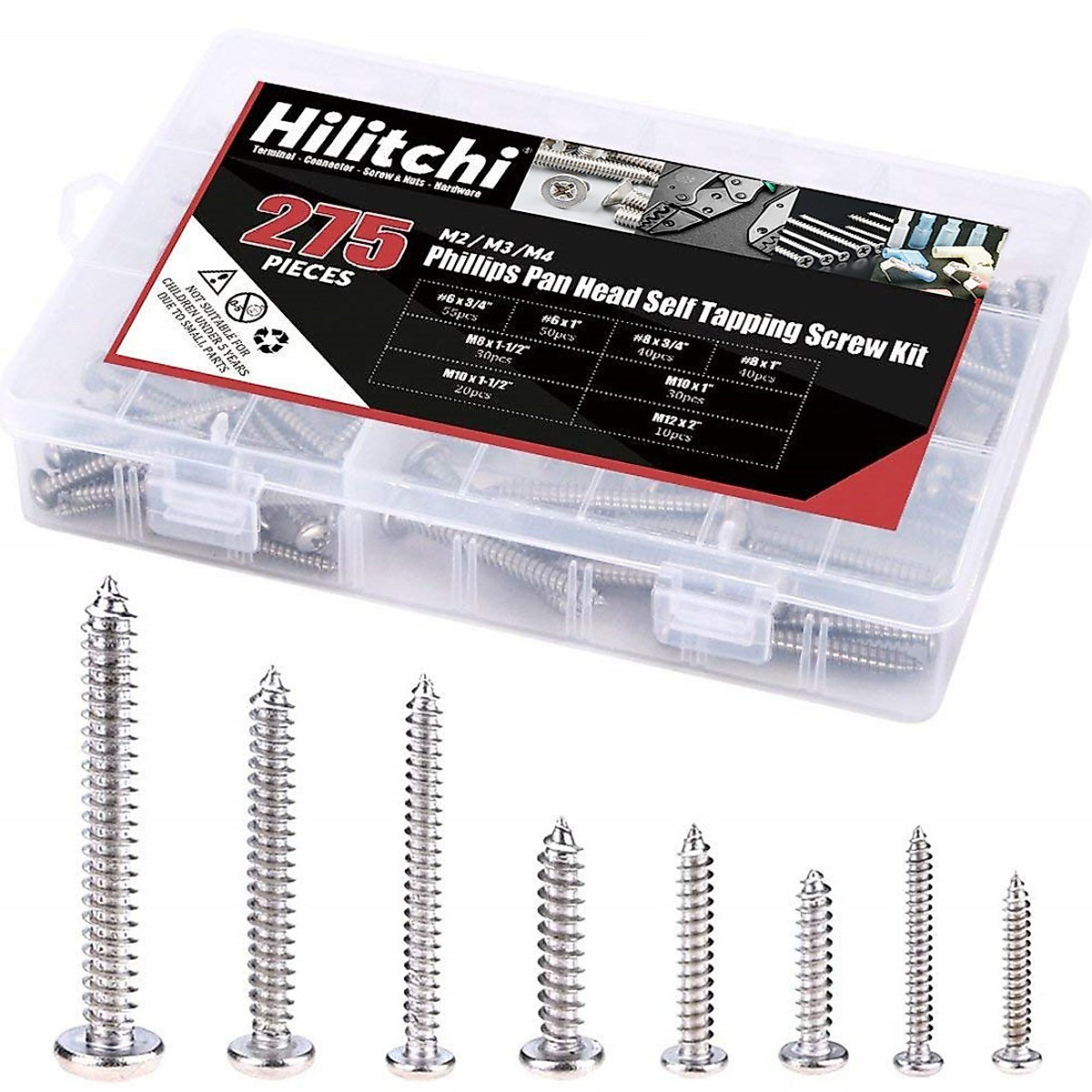 Hilitchi 275-Piece Stainless Steel Phillips Round Pan Head Self Tapping Screw Assortment Kit (Round Pan Head)