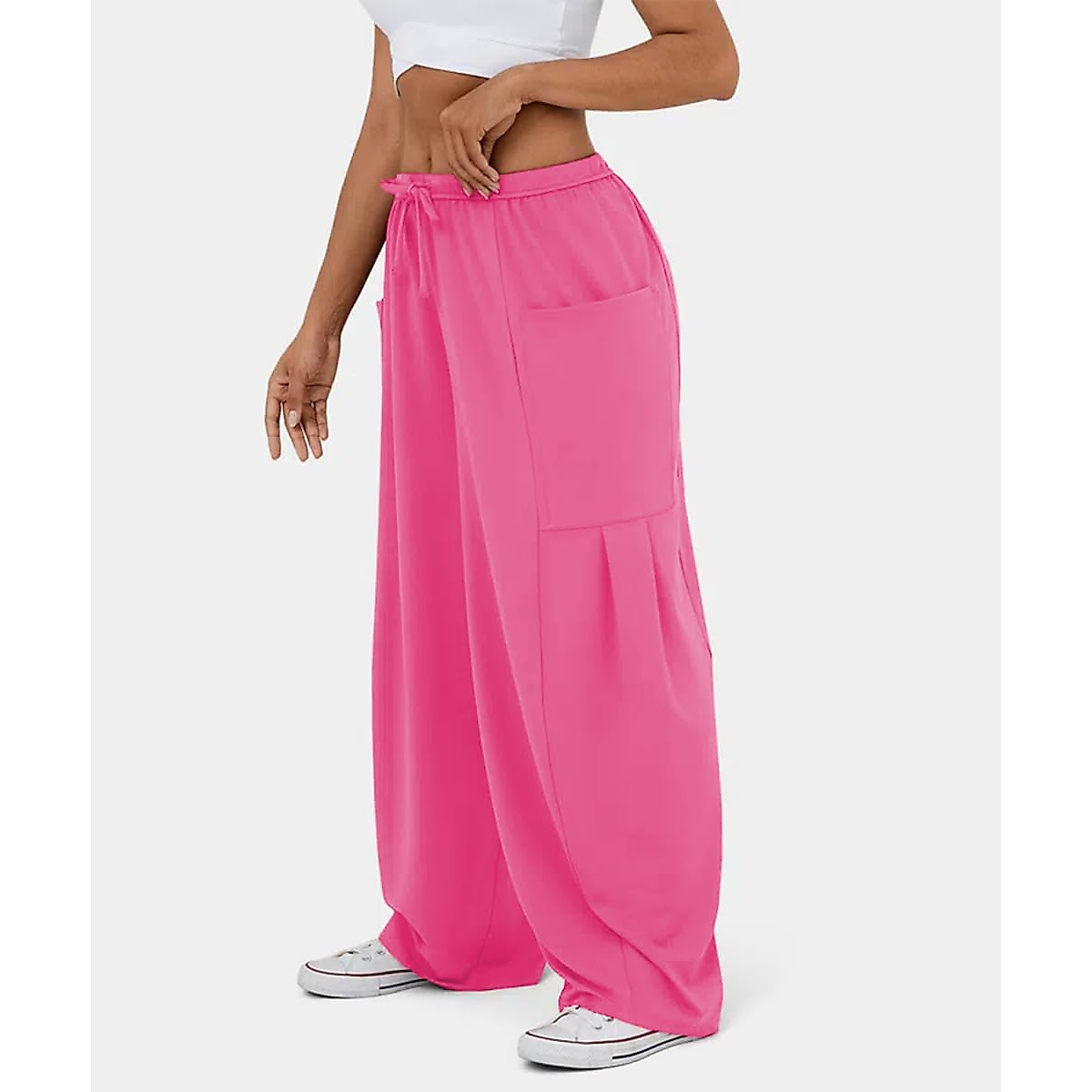 Mincib Women's Elastic Wide Leg Pants High Waisted Casual Loose Flowy Lounge Palazzo Pants Trousers with Side Pockets, Rose, XL