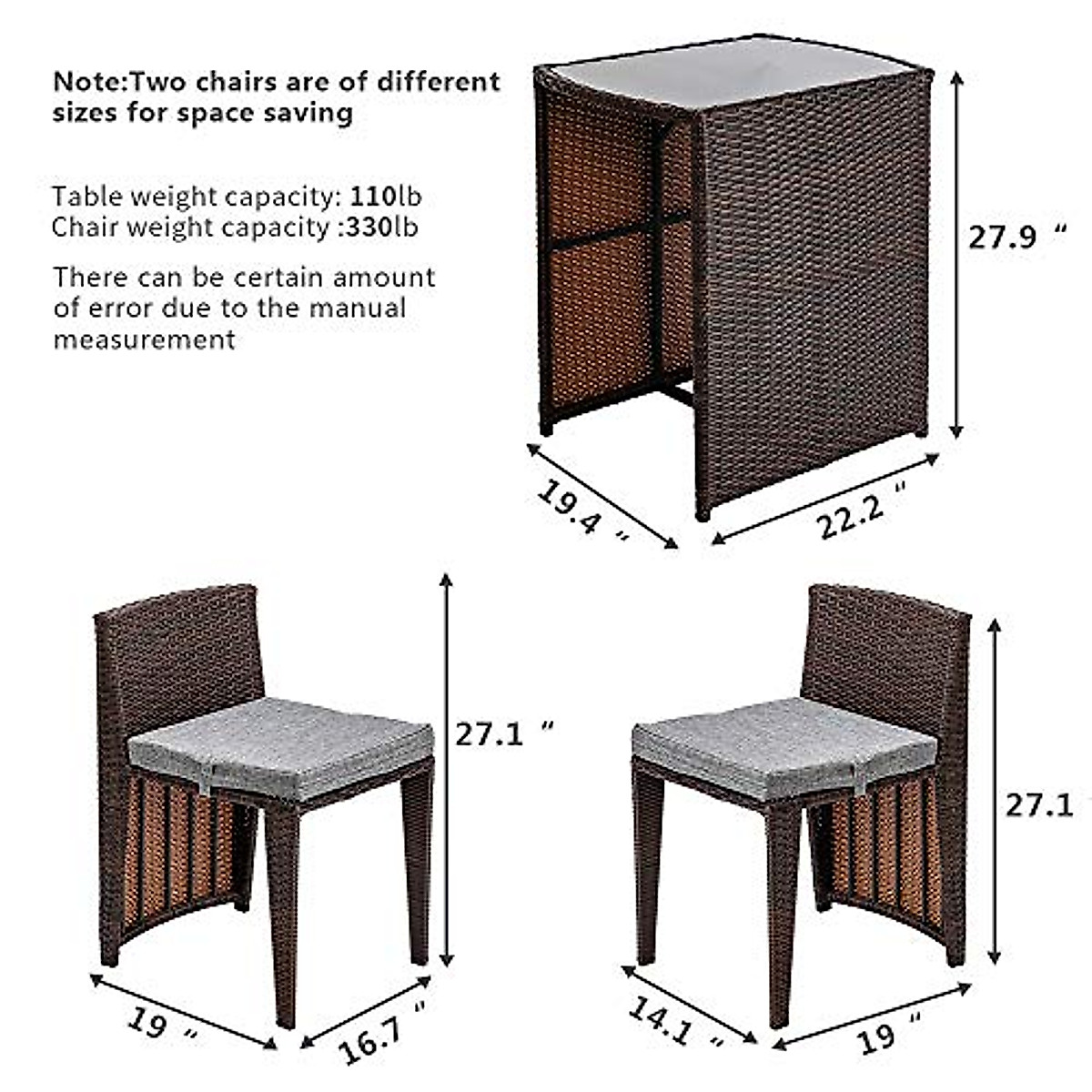 Bonnlo 3 PCS Wicker Outdoor Patio Bistro Set, Patio Furniture Set for Small Space with Glass Top Table Wicker Dining Chairs, Outdoor Balcony Furniture Dining Table Set for Garden Yard Porch