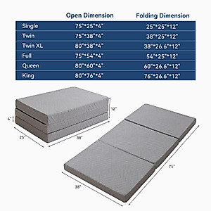 Hcore Folding Mattress Twin XL, 4 Inch Foldable Trifold Memory Foam Mattress with Bag, Portable Mattress Topper for Floor, Camping, Guest, CertiPUR-US Certified, 80"x 38" x4"