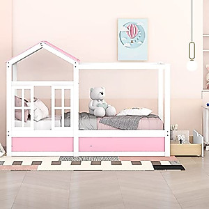 Woanke Twin Size House Bed for Kids, Montessori Playhouse Bed, Solid Wood Twin Platform Bed Frame with Storage Drawers, Roof and Window, Pink
