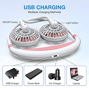 GIM Portable Hanging Neck Fan, 2000mah 3.5-9.5 Hours USB Rechargeable Personal Fan with 3 Level Air Flow 7 LED lights for Home, Office, Travel,Indoor, Outdoor (White&Pink)