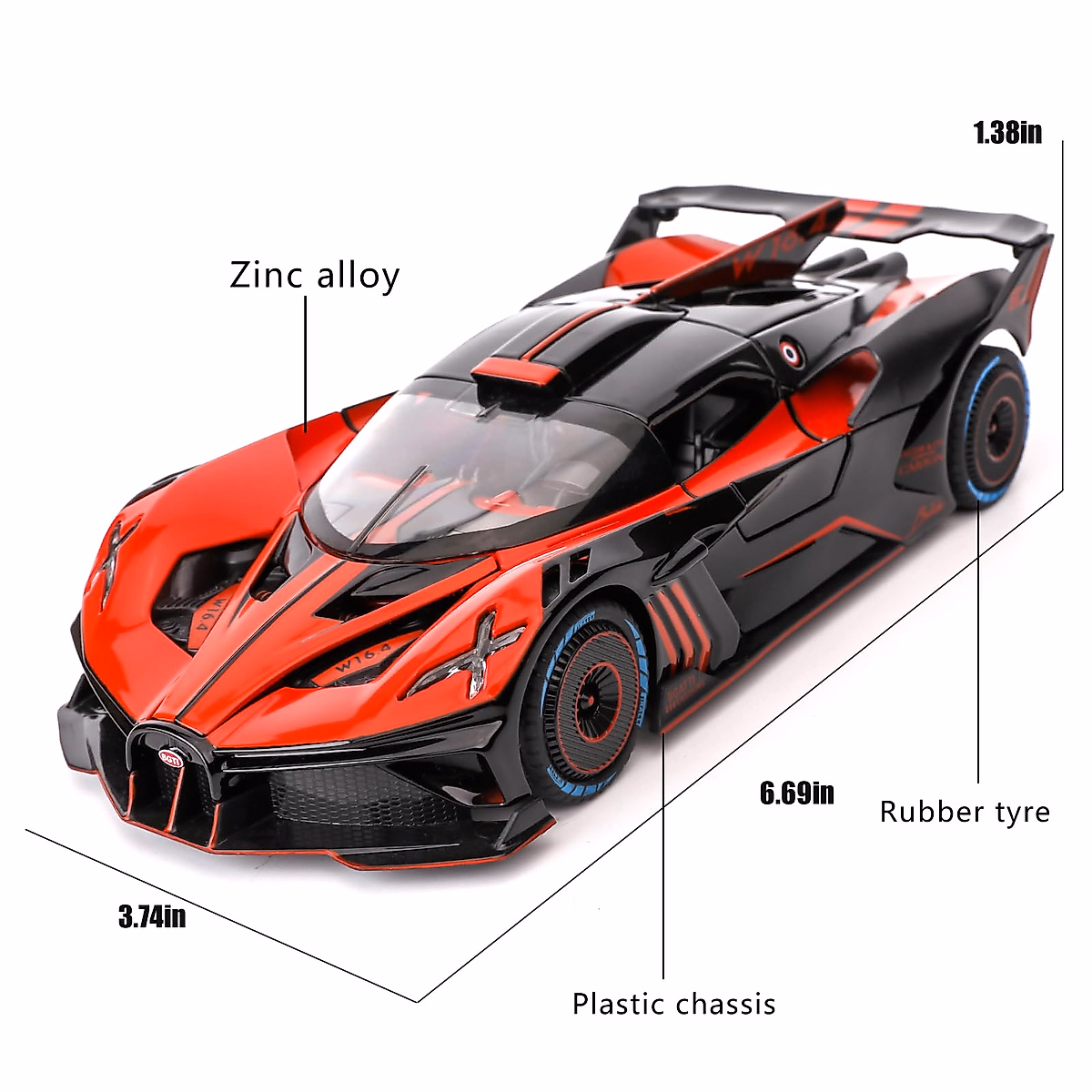 WAKAKAC 1/24 Scale Bugatti Bolide Toy Car, Alloy Die-cast Pull Back Car Model with Light and Sound, Collectible Car Toy Vehicle for Adults Kids Boys Girls, Gift Red