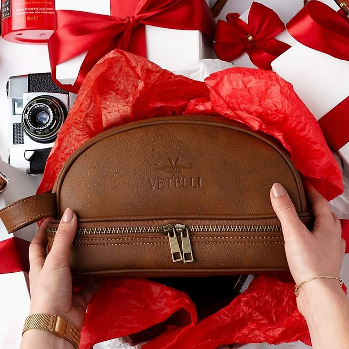 Vetell Classic Leather Men's Travel Toiletry Bag and Dopp Kit with Upper and Lower Zippered Compartments, 2 Mesh Bottle Pouches and Carrying Handle