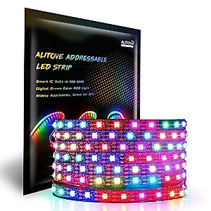 ALITOVE 16.4FT 300 Pixels WS2812B Programmable Addressable LED Strip Light Black PCB 5050 RGB Dream Color Flexible LED Rope Light DC5V Not Waterproof