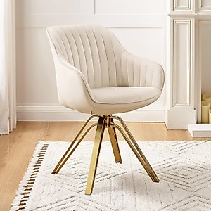 Art Leon Mid Century Modern Swivel Accent Chair, Desk Chair No Wheels, Fabric Upholstered Armchair with Gold Legs, Off White