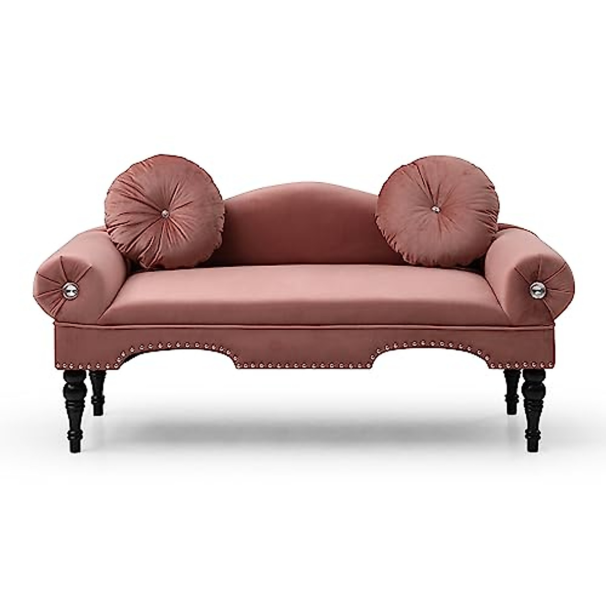 JINS&VICO Velvet Upholstered Loveseat Sofa with Rolled Arms and Curved Backrest, Accent Bedside Entryway Bench with Wooden Legs, 2-Seater Couch with 2 Pillows and Nail Head Trimming for Living Room