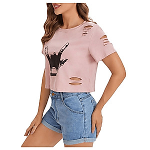 SweatyRocks Women's Short Sleeve T Shirt Graphic Print Distressed Crop Top Gesture Light Pink Small