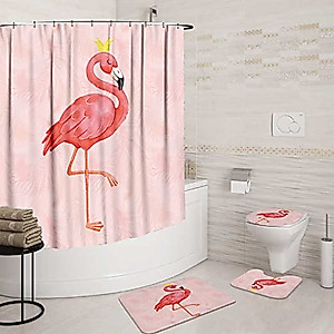 GSAARDEO Bathroom Decorative Shower Curtain 4-Piece Set with U-Shaped Floor Mat, Toilet Cover, Anti-Slip Floor Mat, Cute Animal Shower Curtain (Pink Flamingo, 72×72 in)