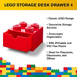 Room Copenhagen LEGO Storage Brick 4 Desk Drawer, 4-Stud Stackable Tabletop Storage Box, 6.2 x 6.2 x 4.4 In, Red